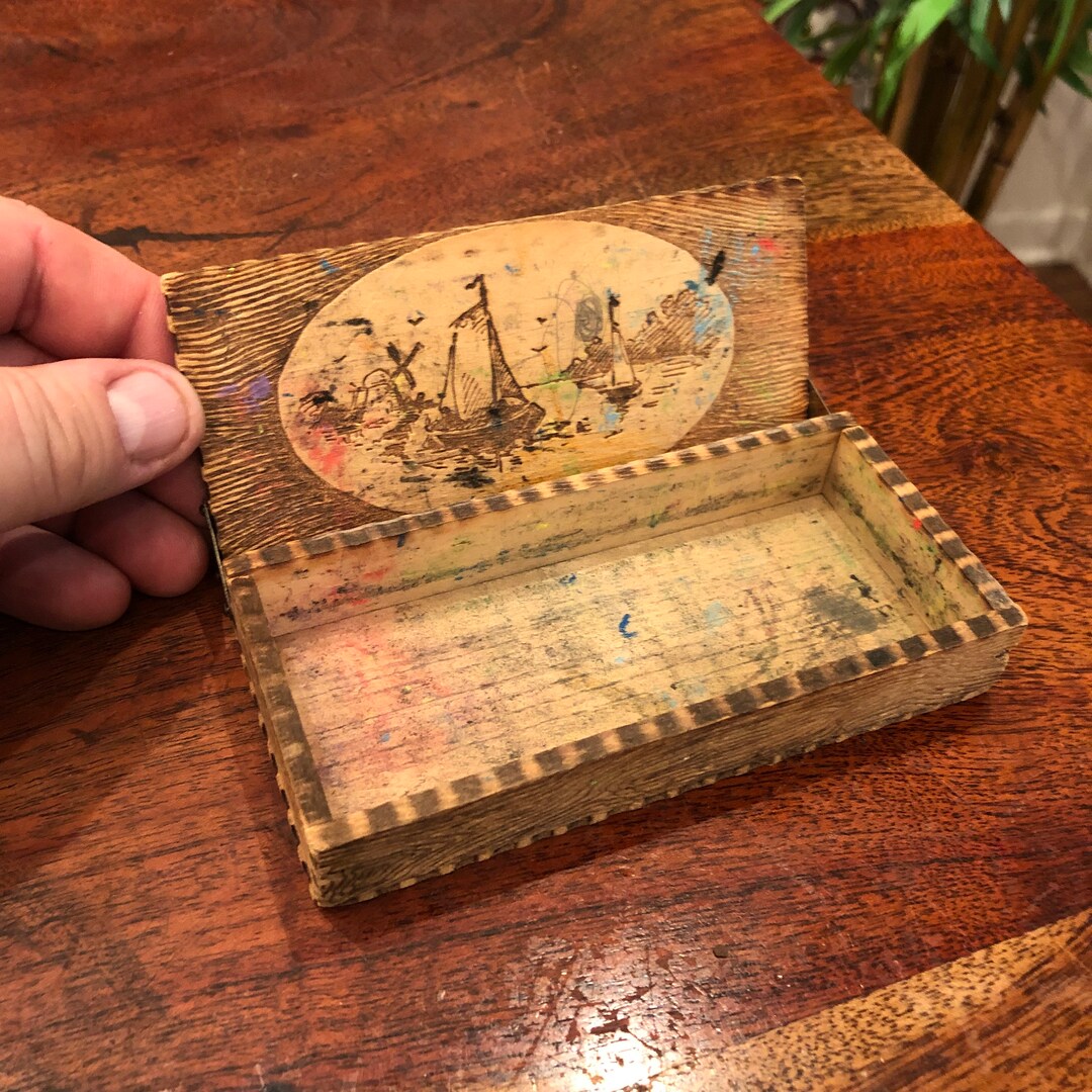 Antique 1900's Flemish Sailboat & Harbor Pyrography Pastels Box With ...