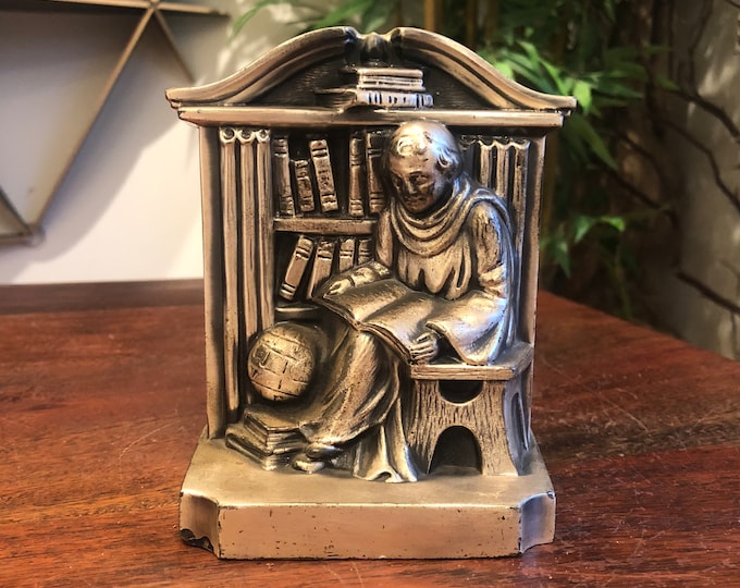 Mid Century Heavy Silver Metal Monk Scholar Reading Book Bookend by PMC ...