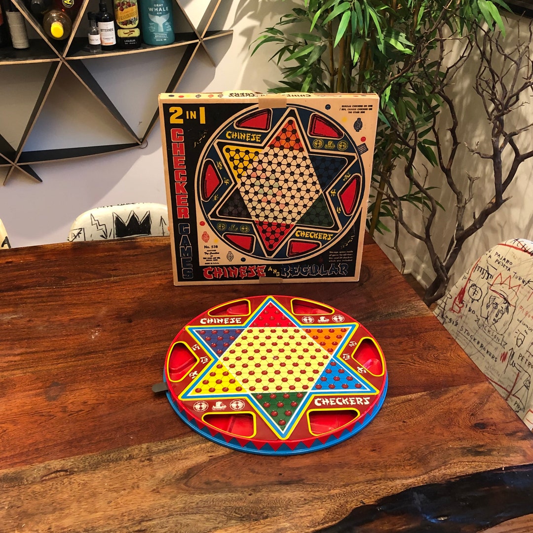 Vintage 1960's Reversible Metal Chinese Checkers Gameboard & Checkers ...