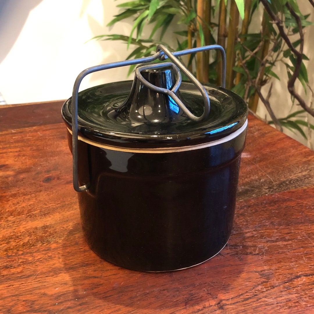 Vintage Jet Black Stoneware 40 Oz. Crock Jar With Tightening Handle ...