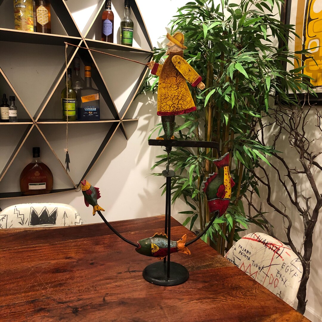 Vintage Kinetic Rocking Fisherman Fishing 21 Tall Metal Sculpture by ...