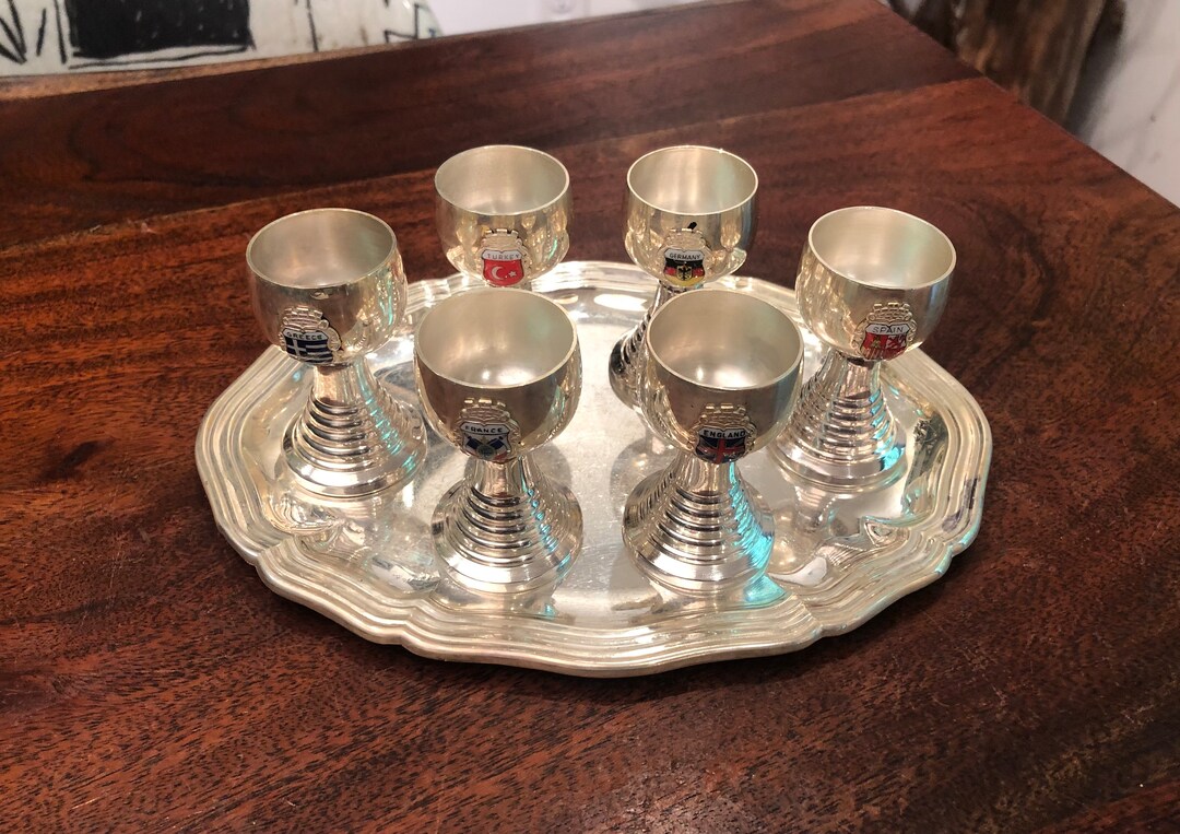 Set of 7 Vintage Silver Plated Small World Souvenir Sipping Cups With ...