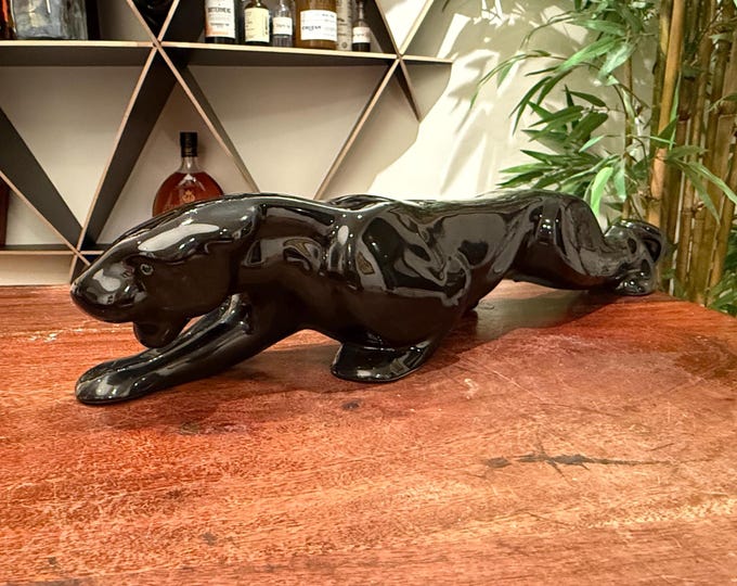 Mid Century 1950's 21.75" Ceramic Black Panther Statue With Green Jewel ...