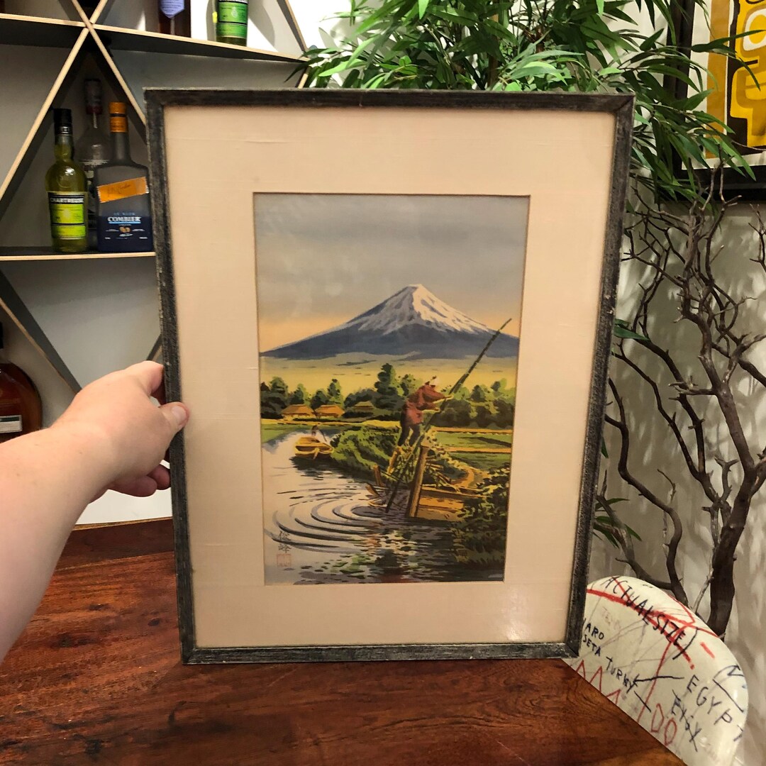 Mid Century Japanese Mount Fuji & Rice Paddy Farmer on Water Wheel Art ...