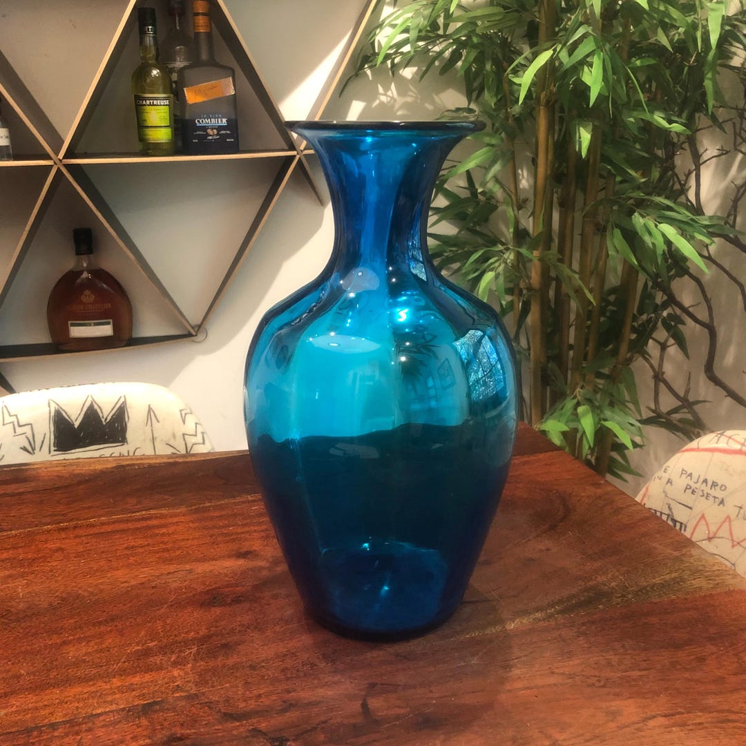 Mid Century C. 1967 Blenko Teal Glass Hand Made Teal 14" Ribbed Optic ...