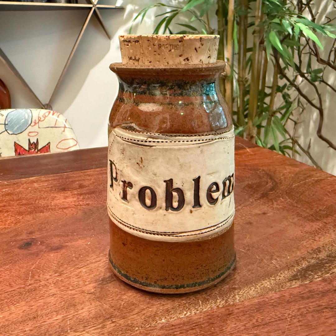 Vintage 1970's Hand Made Clay Pottery PROBLEMS Storage Jar With Cork ...