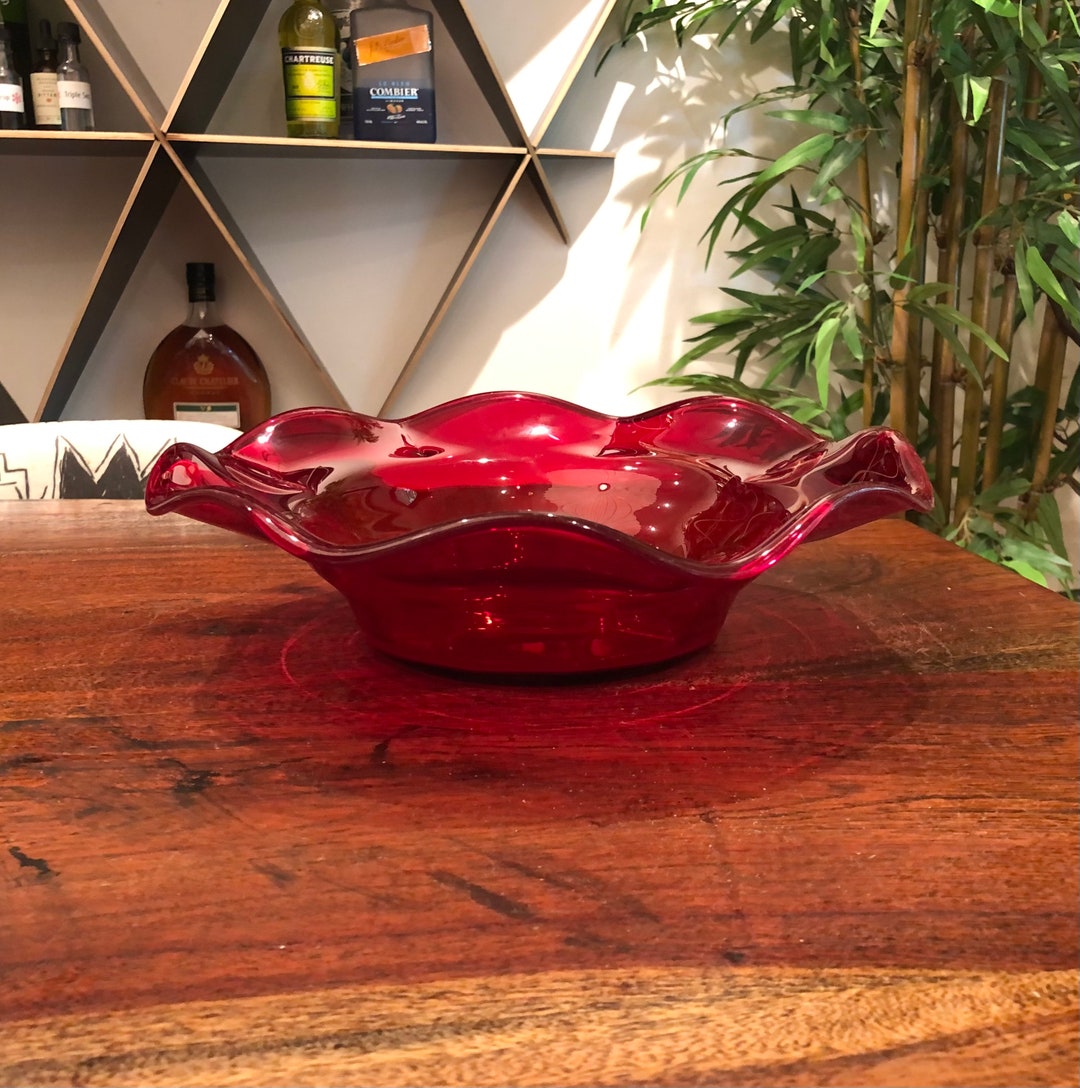 Mid Century Hand Blown Thick Red Ruby Glass 12.5 Ruffled Centerpiece Fruit Bowl With Pontil ...