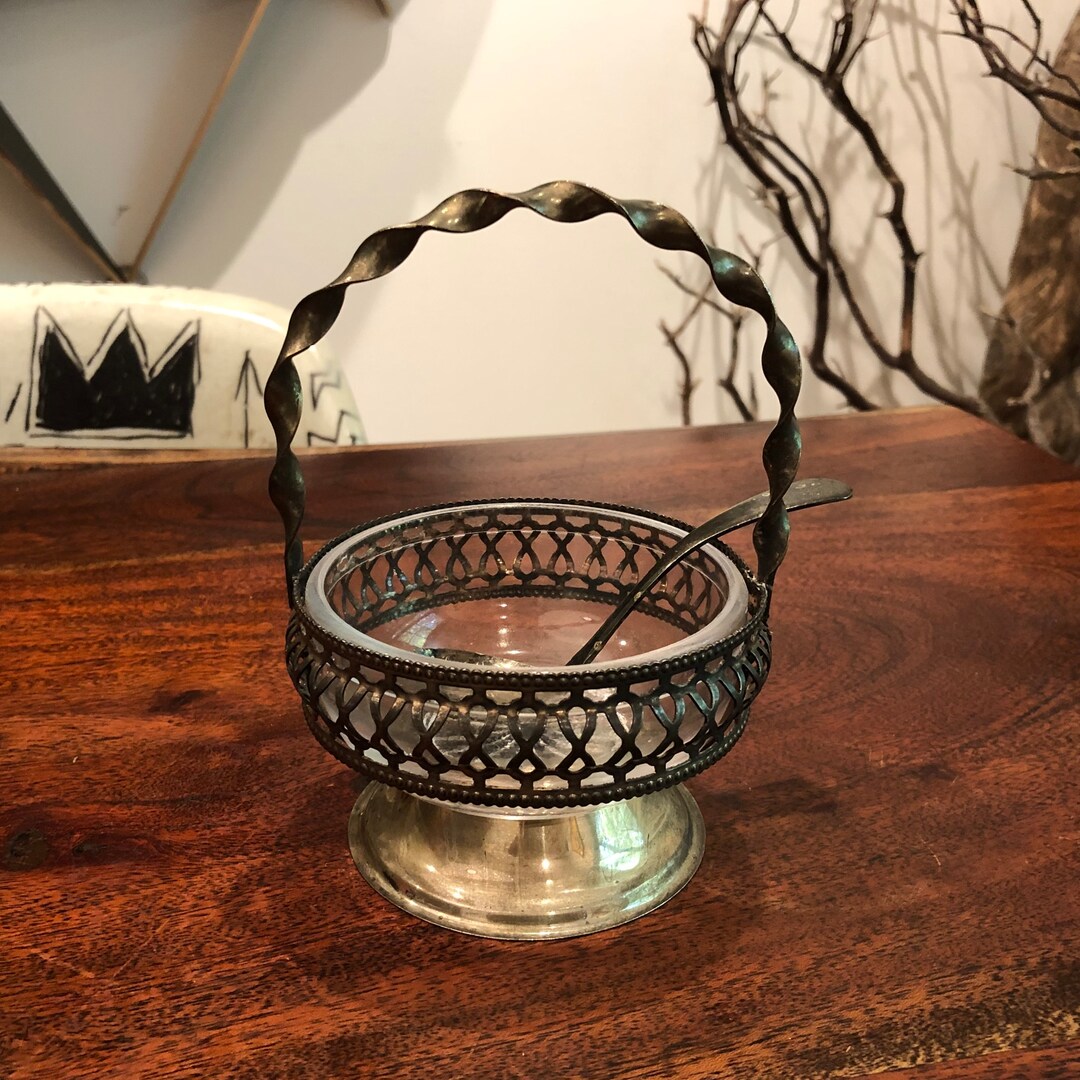 Antique English Silver Plated Metal & Glass Twisted Handle Sugar Bowl ...