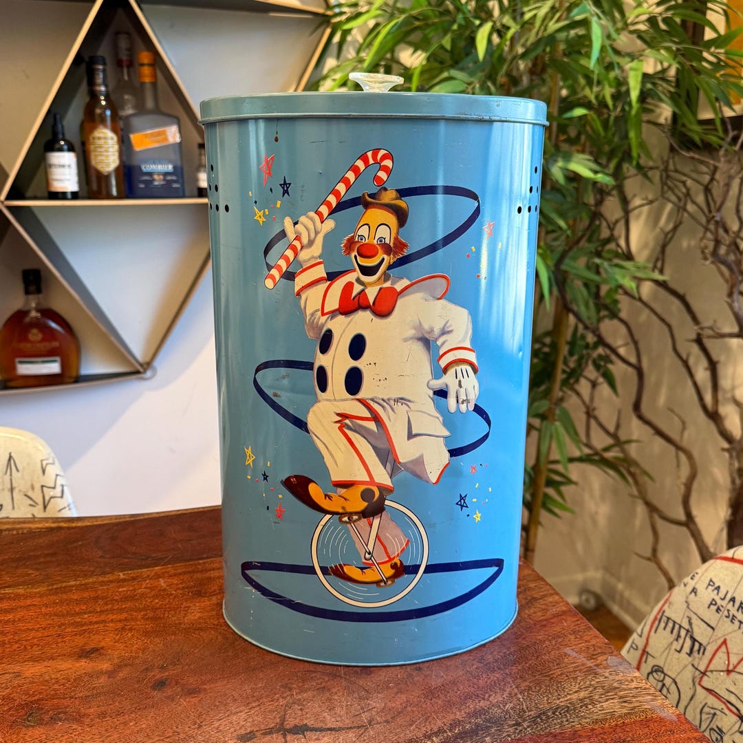 Mid Century Tall Metal Circus Clown on Unicycle Trash Can With Lid 1950 ...