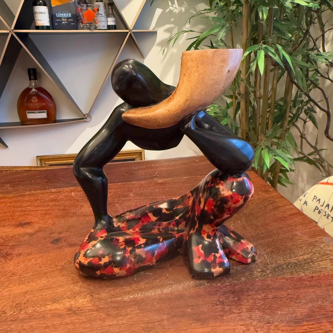 Vintage African Modernist Hand Carved Wood Sitting Man Blowing Horn ...