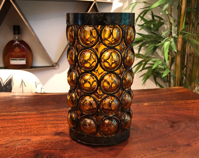 Mid Century Mexican Amber Bubble Cage Glass Luminary in Metal Frame ...