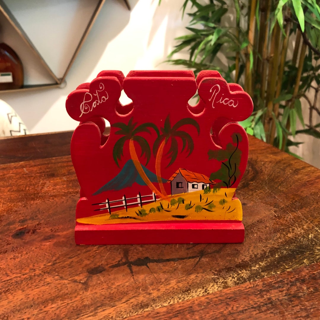 Mid Century Hand Painted Red Costa Rica Souvenir Wooden Napkins Holder ...