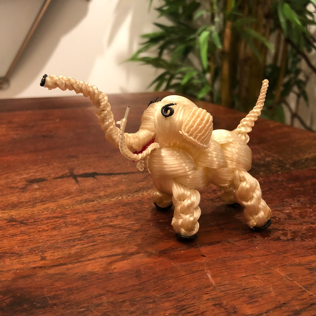 Mid Century Woven Plastic Twine & Wire White Elephant Figurine ...