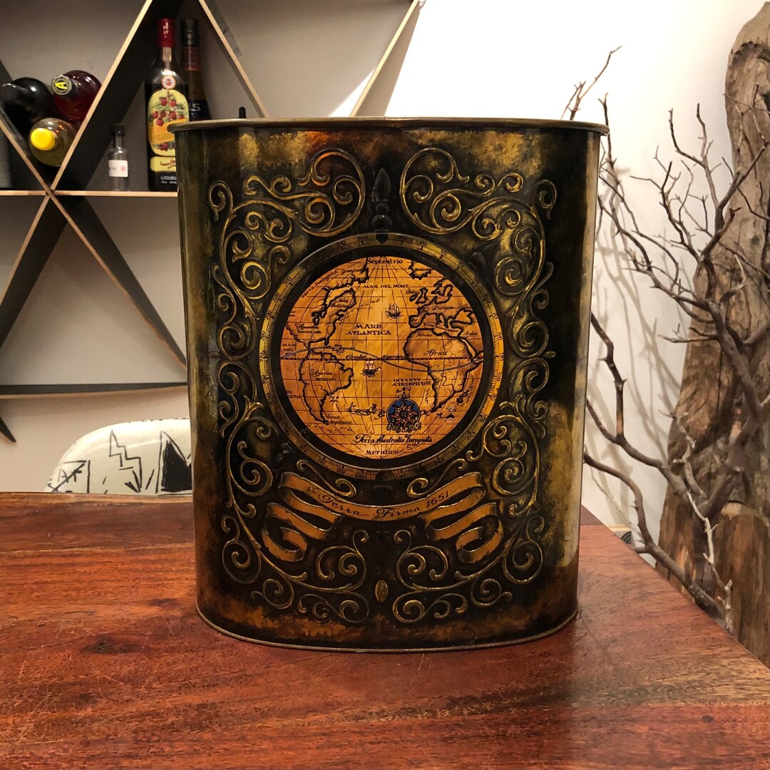 Vintage 1970's Metal Old World Map Trash Can - World Globe Waste Basket ...