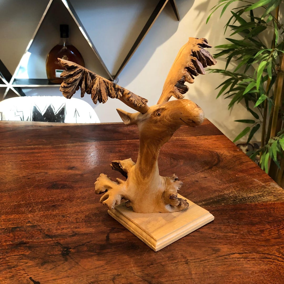 Vintage Hand Carved Wooden Moose Bust With Natural Edge Antlers - Cabin ...