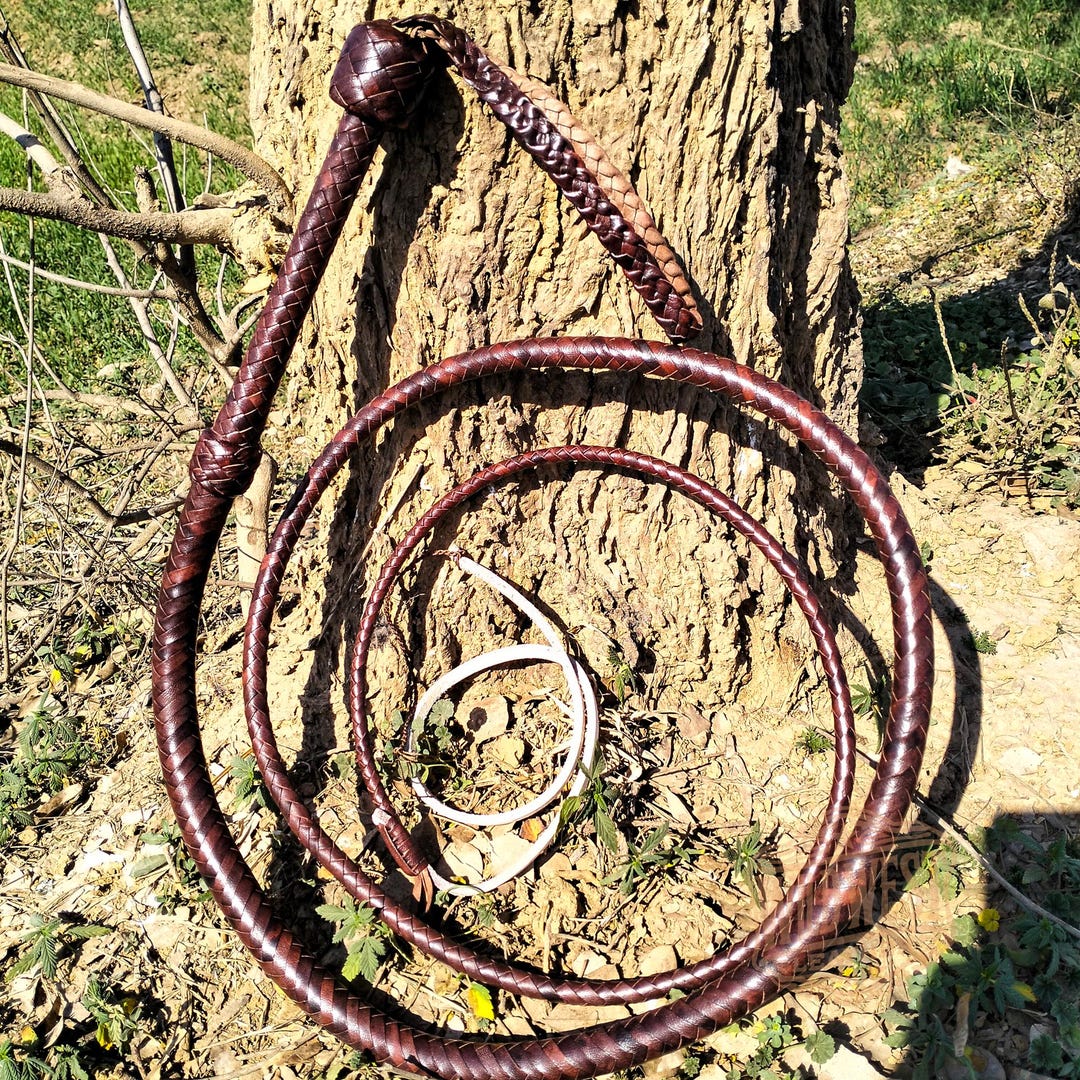 Veg Tanned Goat Leather Bullwhip Brandy Color With White Color , 3ft to ...