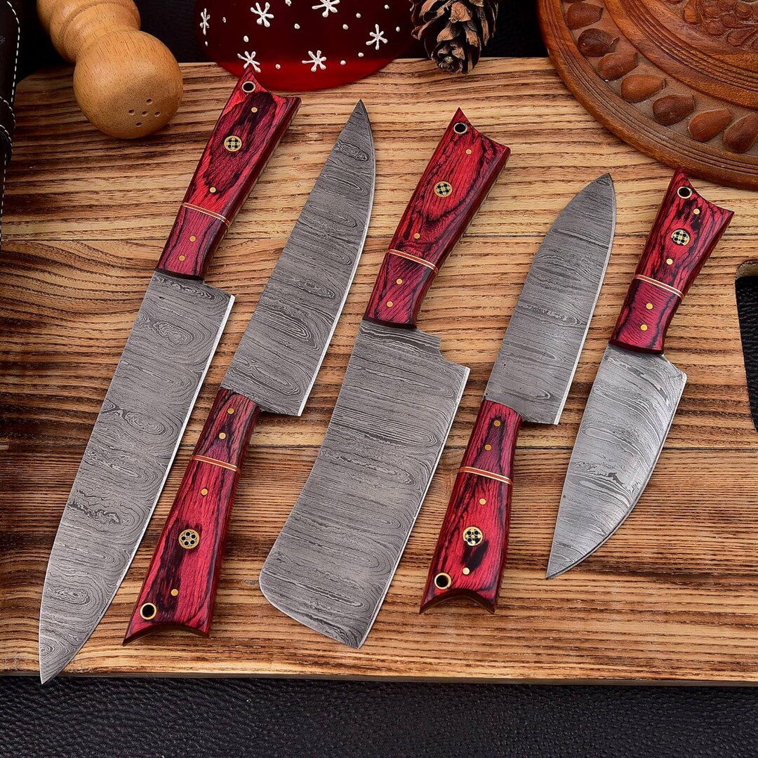 Custom Damascus Steel Knife Collection 5-pieces – Handmade Red Wood ...