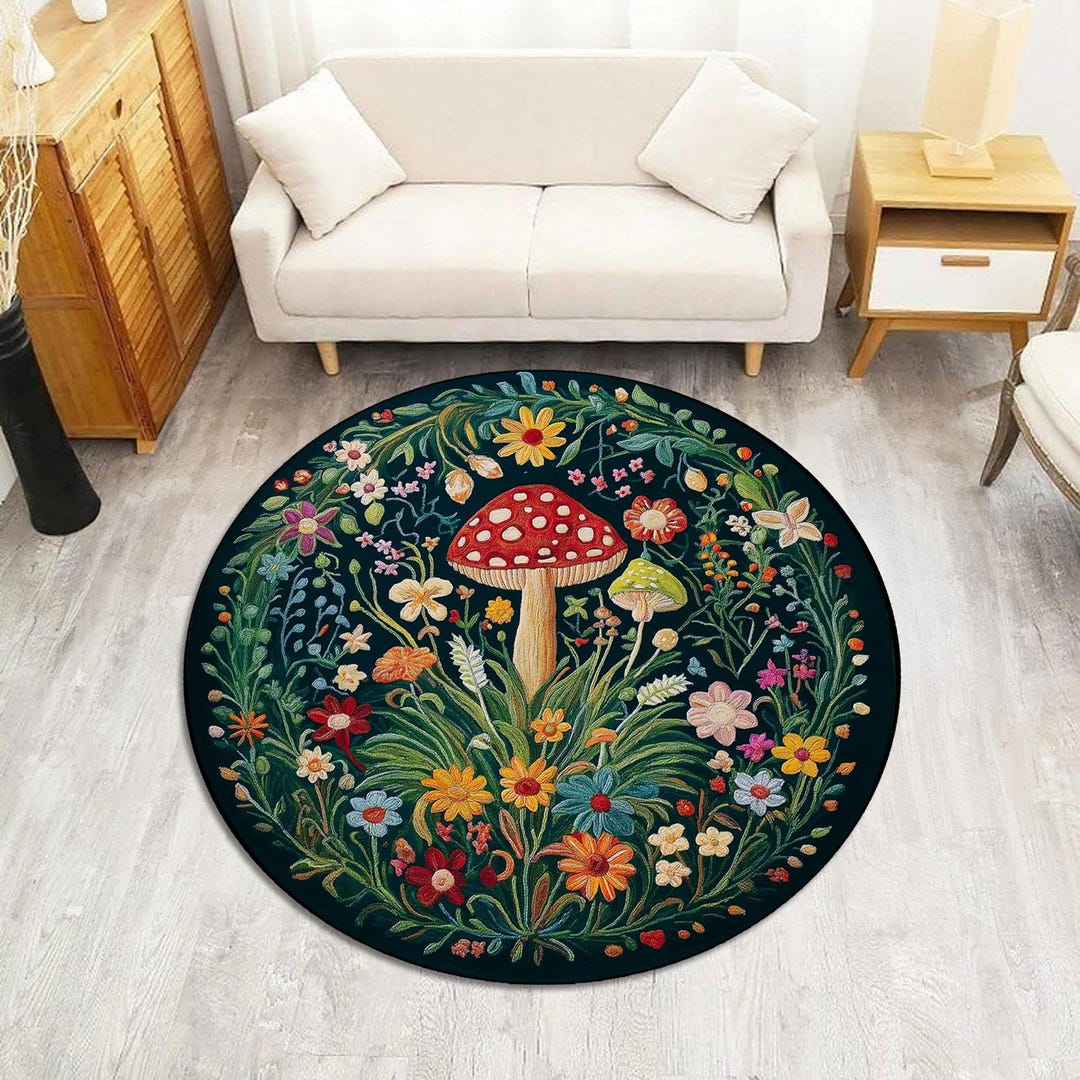 Mushroom Round Rug, Cottagecore Floral Area Rug, Dark Botanical Fairy ...
