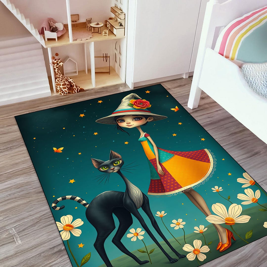 Whimsical Girl and Black Cat Rug: Storybook Style Home Decor - Etsy