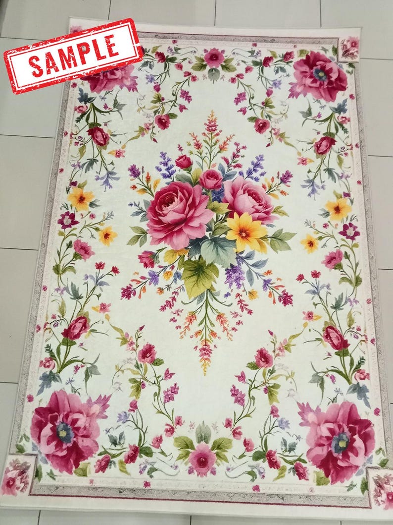 Boho Floral Area Rug, Colorful Botanical, Digital Print Carpet, Vintage ...