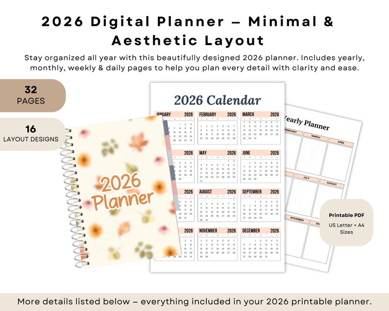 2026 Planner Printable | Minimal Aesthetic 2026 Calendar & Planner ...