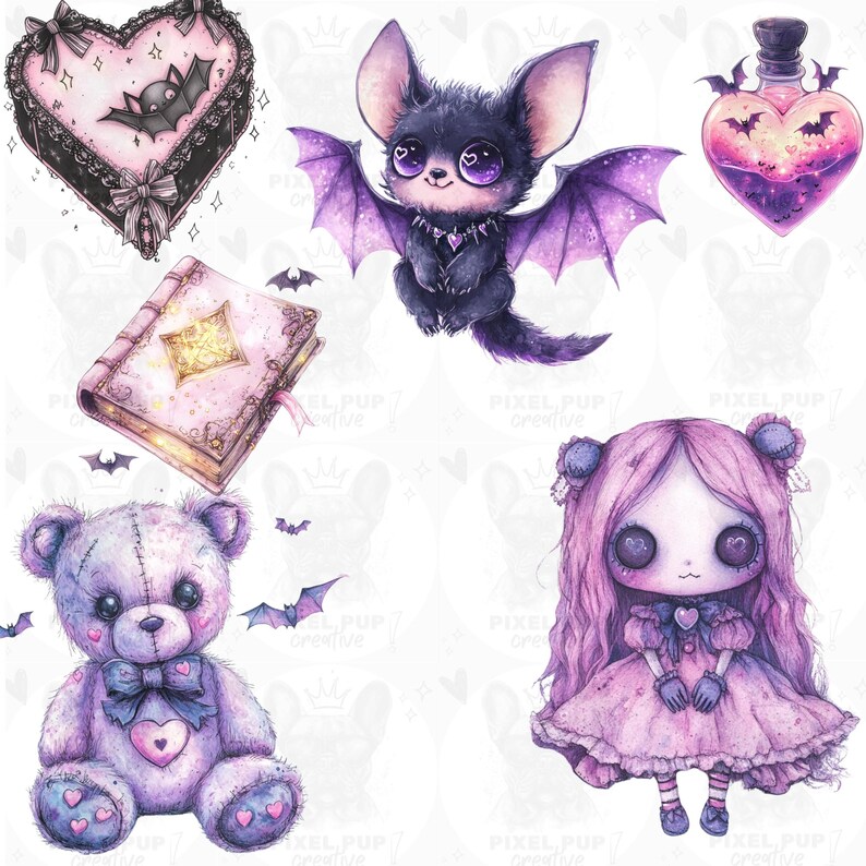 Kawaii Pastel Goth Clipart | Cute Spooky Digital PNG Pack | Chibi Bats ...