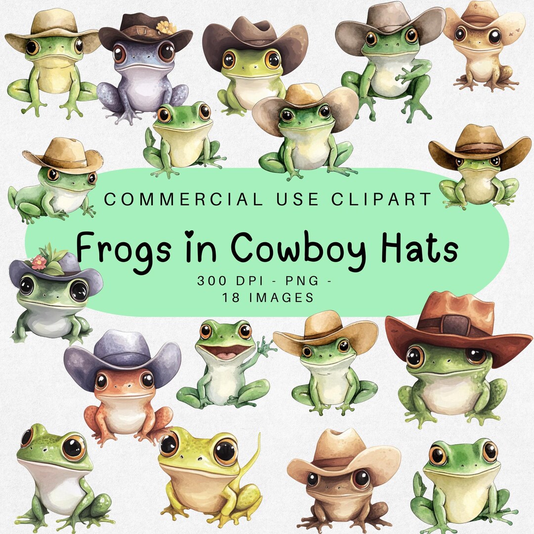 Cowboy Frog Clipart | Watercolor Frogs in Hats PNG | 18 Cute Country ...