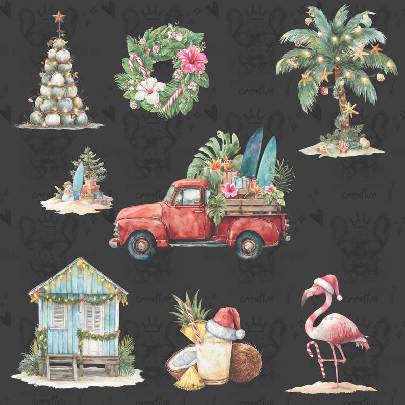 Tropical Christmas Clipart PNG Bundle – 47 Watercolor Illustrations ...