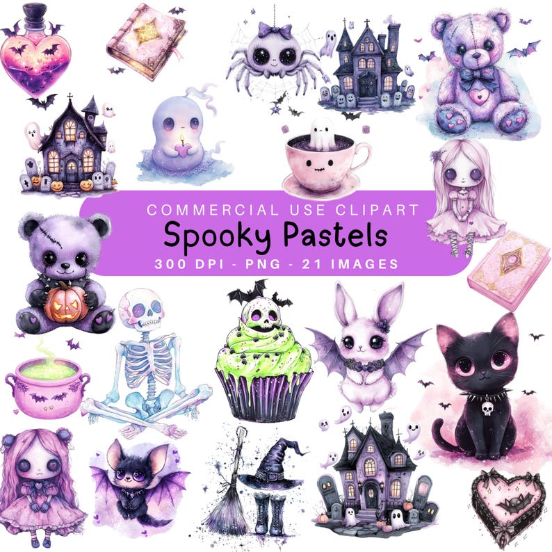 Kawaii Pastel Goth Clipart | Cute Spooky Digital PNG Pack | Chibi Bats ...