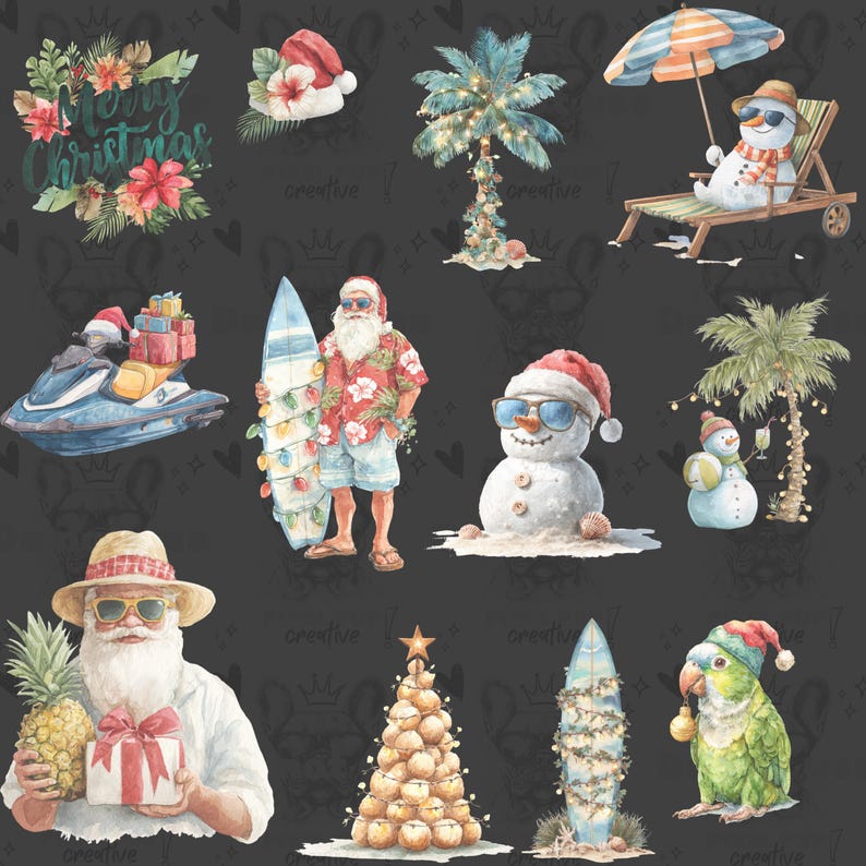 Tropical Christmas Clipart PNG Bundle – 47 Watercolor Illustrations ...