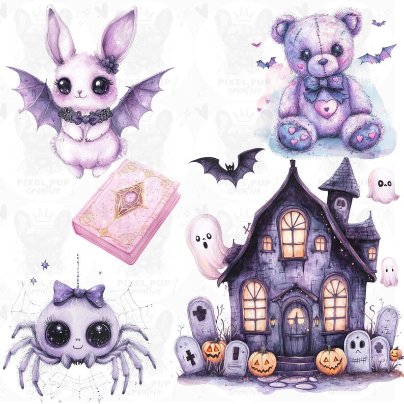 Kawaii Pastel Goth Clipart | Cute Spooky Digital PNG Pack | Chibi Bats ...