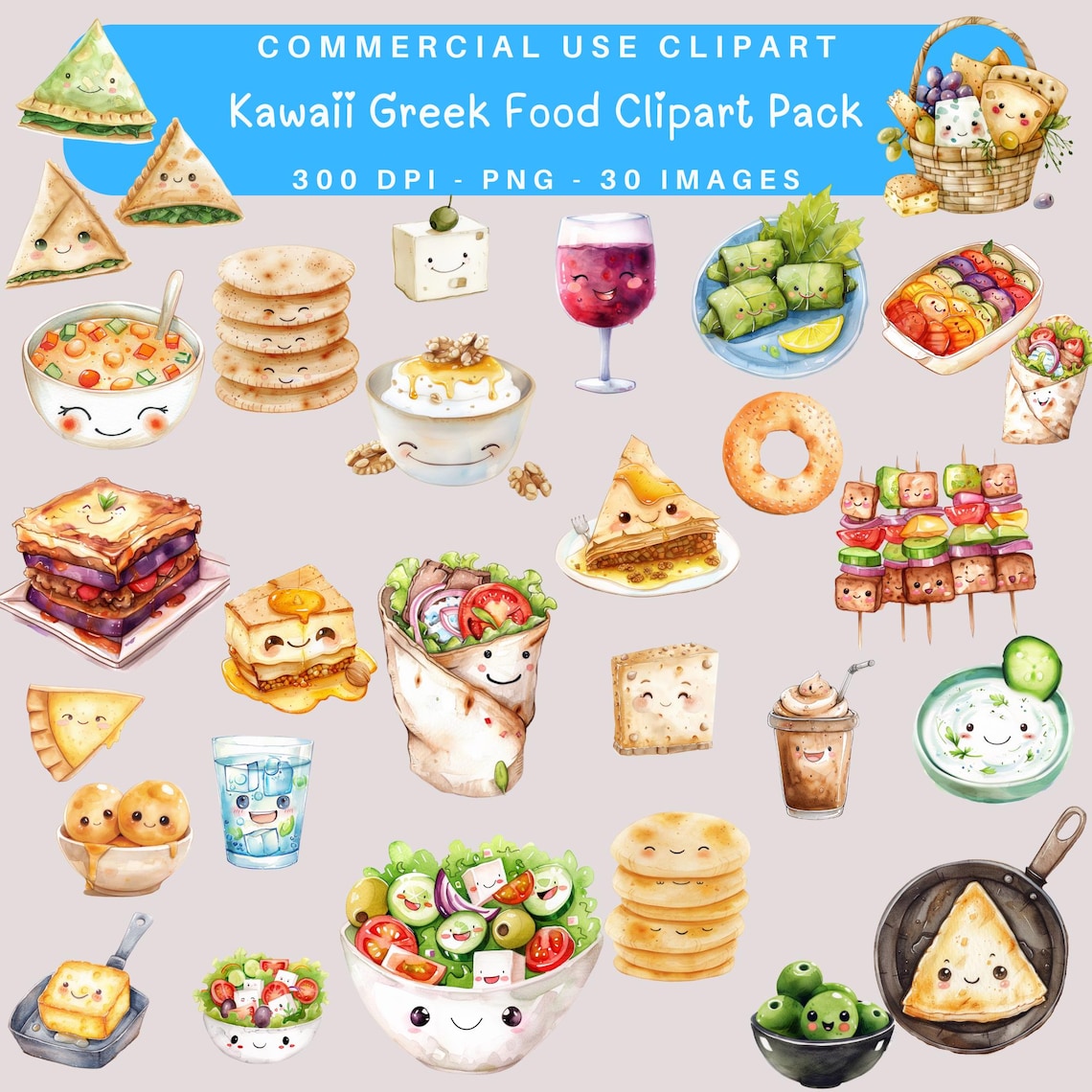 Kawaii Greek Food Clipart | 30 Watercolour Greece Cuisine Pngs | Cute ...