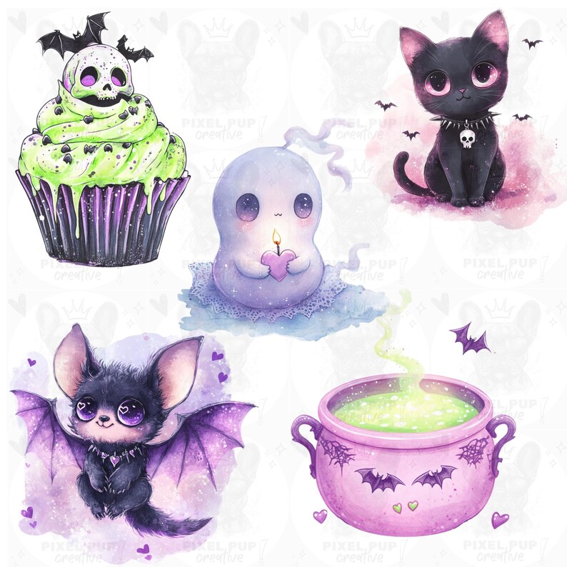 Kawaii Pastel Goth Clipart | Cute Spooky Digital PNG Pack | Chibi Bats ...