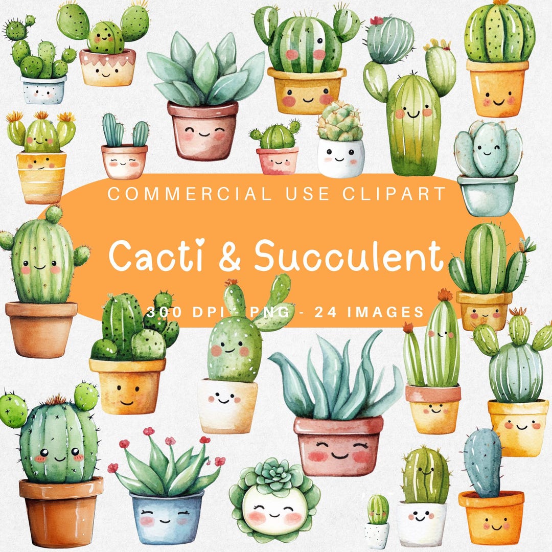 Kawaii Cactus & Succulent Clipart | Cute Potted Plant Pngs | 24 Images ...