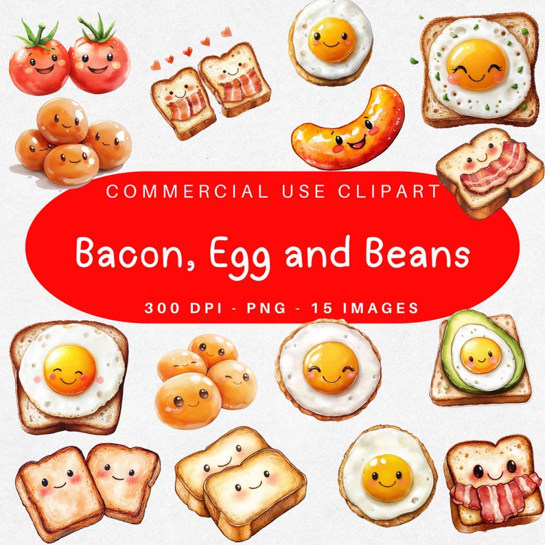 Kawaii Fried Breakfast Clipart - Cute Bacon, Egg & Beans Digital ...
