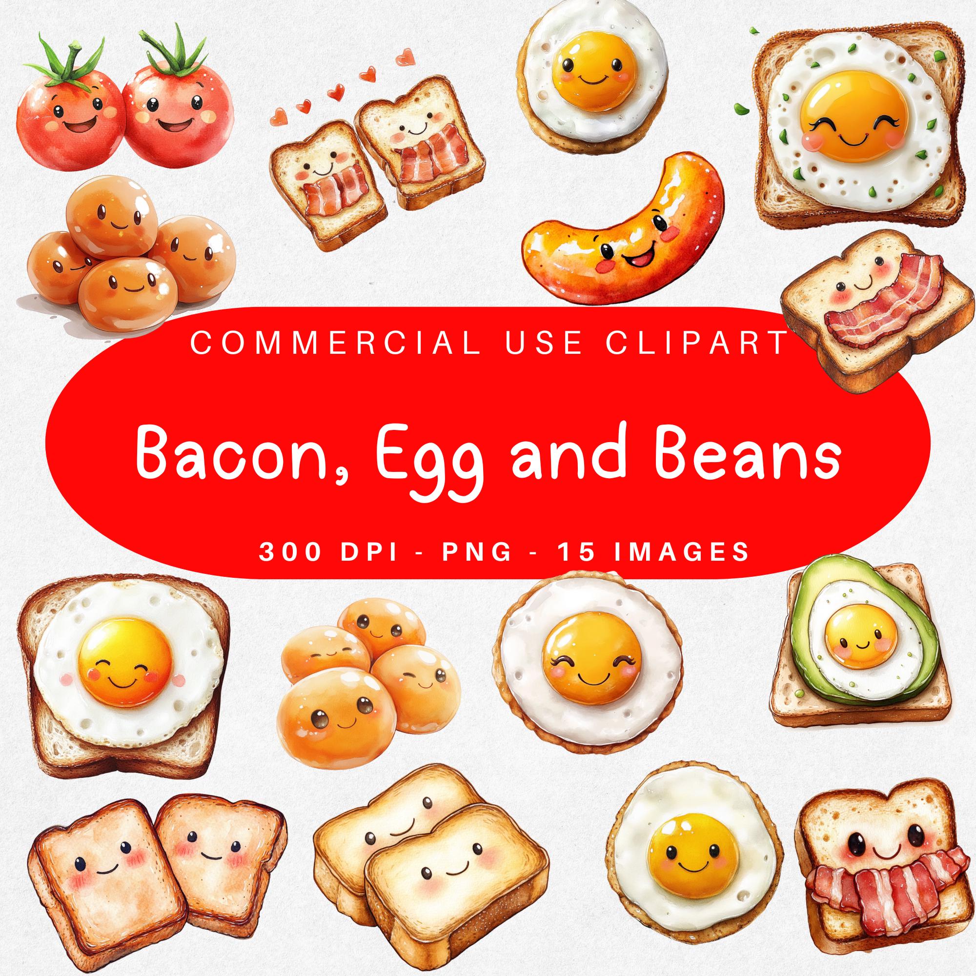 Kawaii Fried Breakfast Clipart - Cute Bacon, Egg & Beans Digital ...
