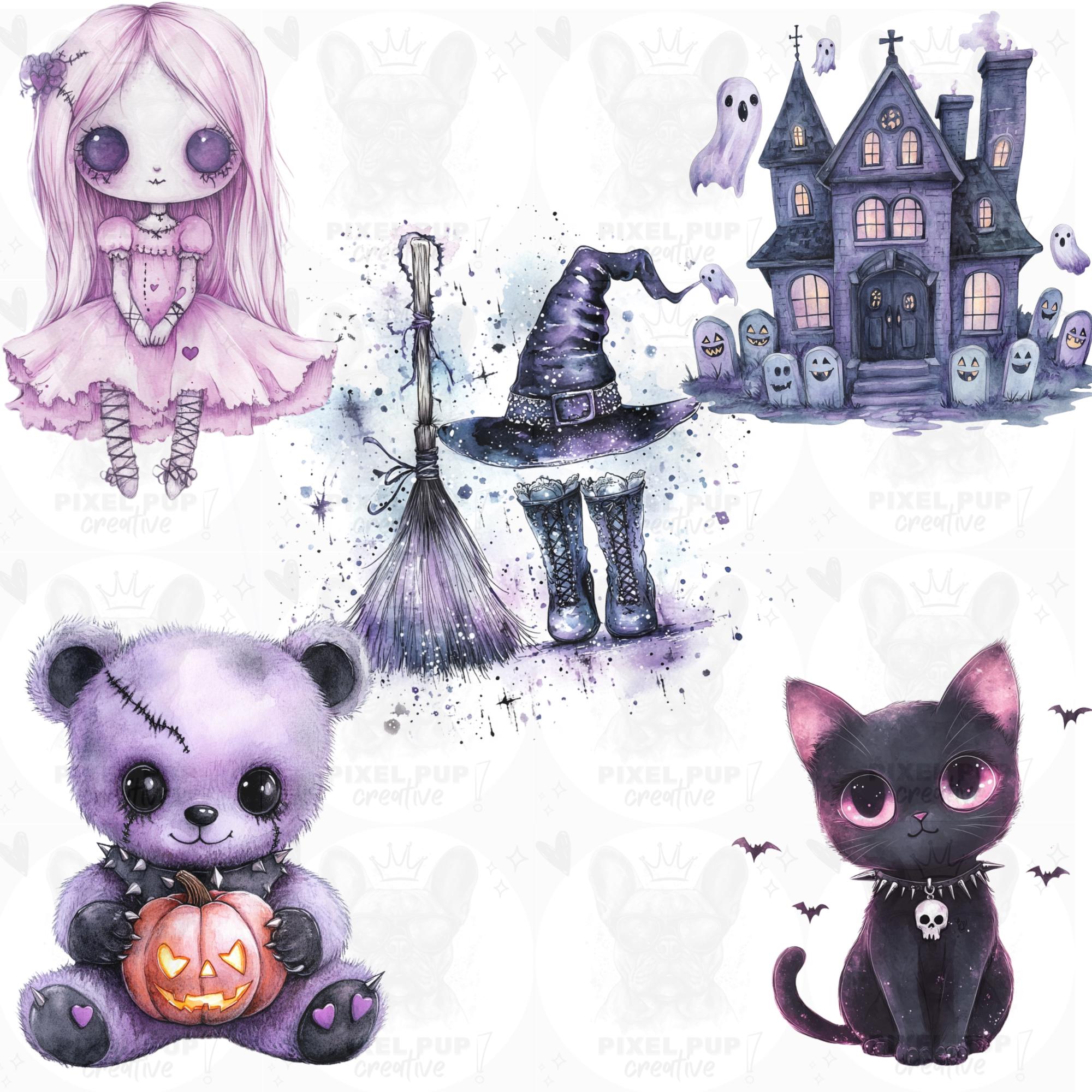 Kawaii Pastel Goth Clipart | Cute Spooky Digital PNG Pack | Chibi Bats ...