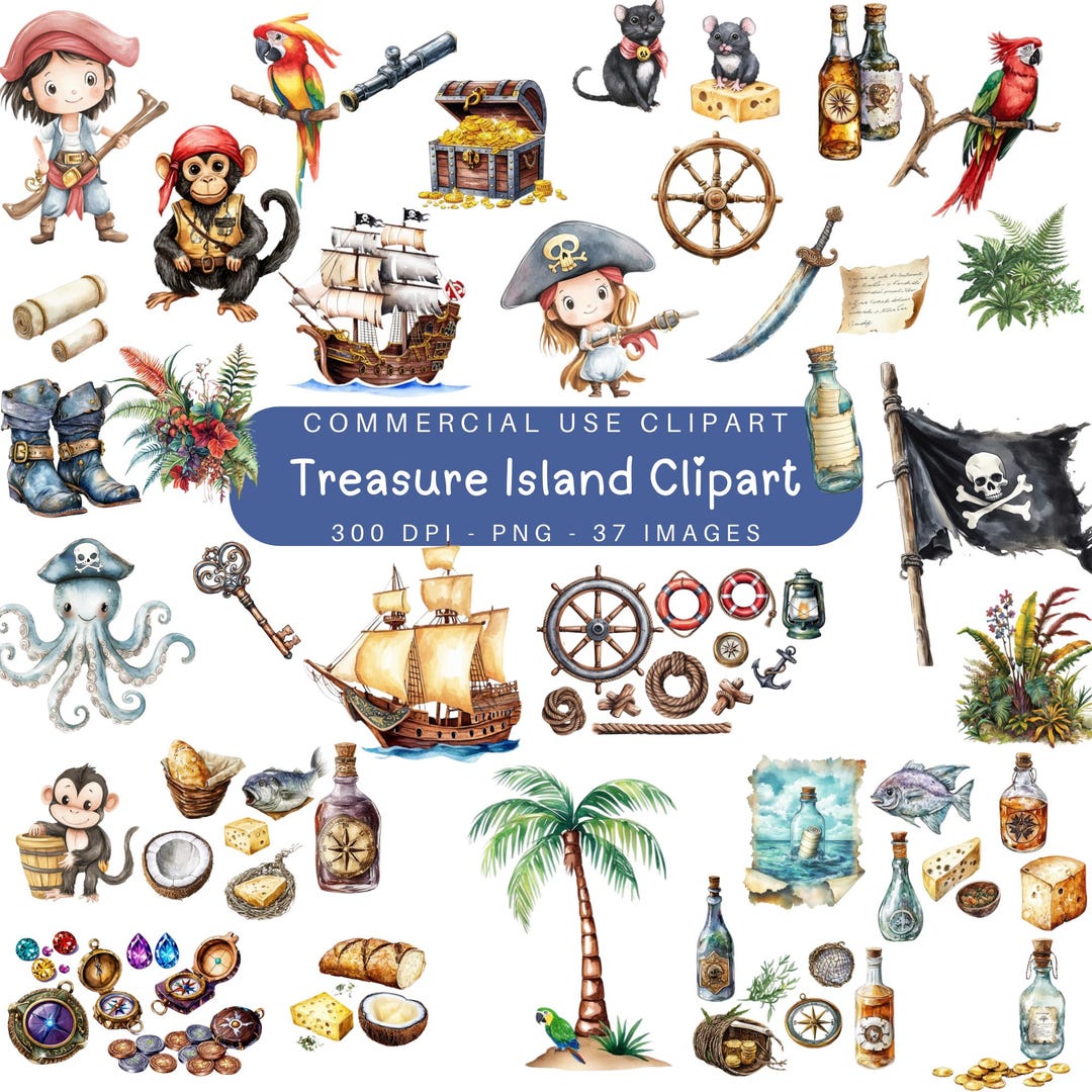 Treasure Island Watercolor Clipart Pack – 37 PNG Images | Pirate Clip ...