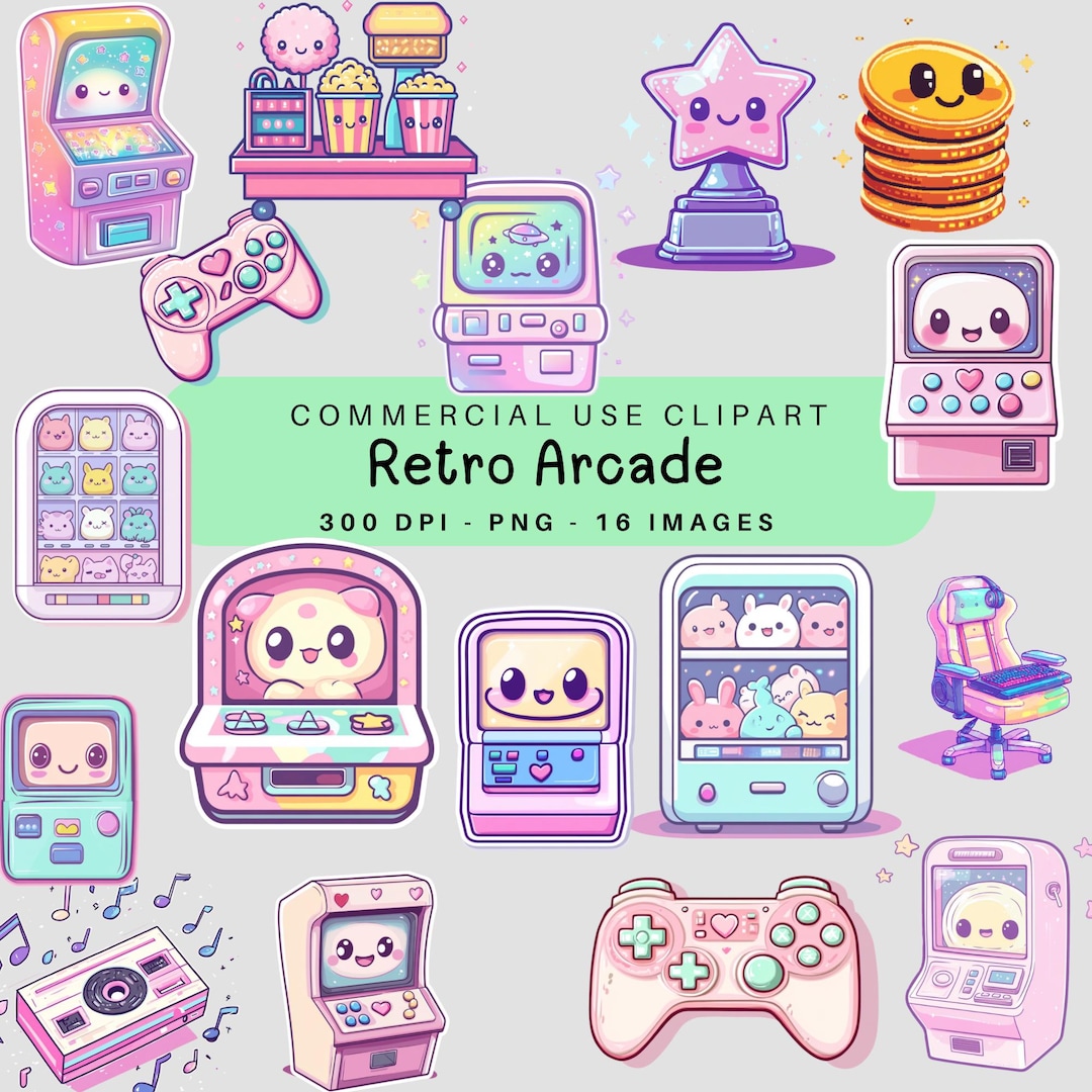 Kawaii Retro Arcade Clipart | Cute Pixel Art Gaming PNG | 80s Pastel ...