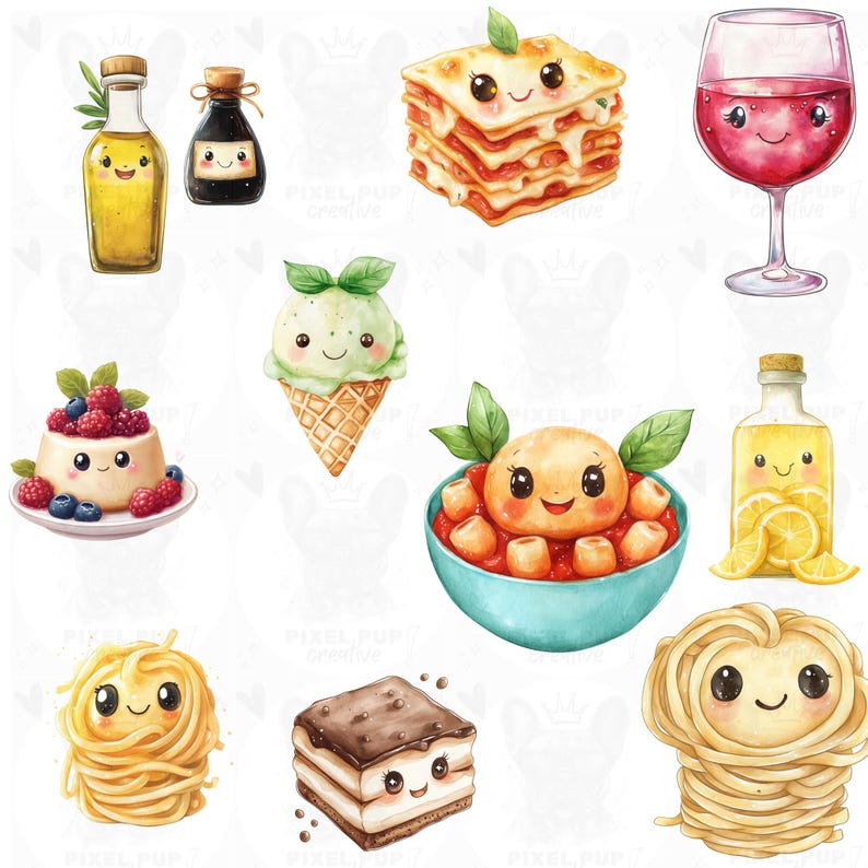 Kawaii Italian Food Clipart Bundle | Cute Watercolor Pasta Pizza Gelato ...