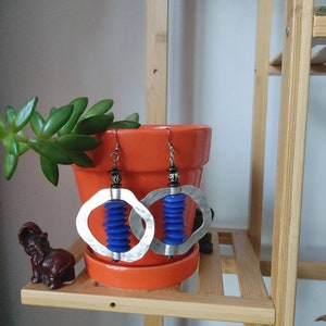 Royal Blue Ashanti Glass Earrings: Hammered Silver, African Statement ...