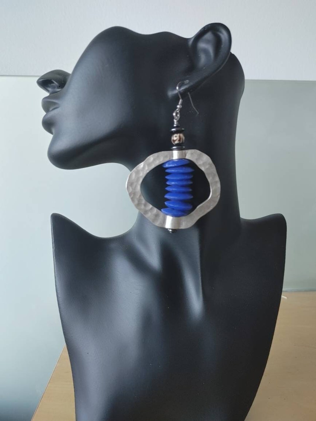 Royal Blue Ashanti Glass Earrings: Hammered Silver, African Statement ...