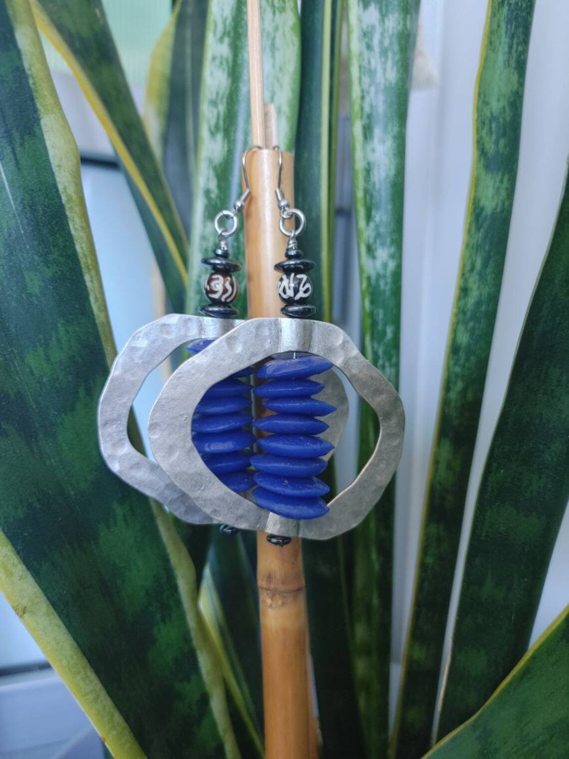 Royal Blue Ashanti Glass Earrings: Hammered Silver, African Statement ...