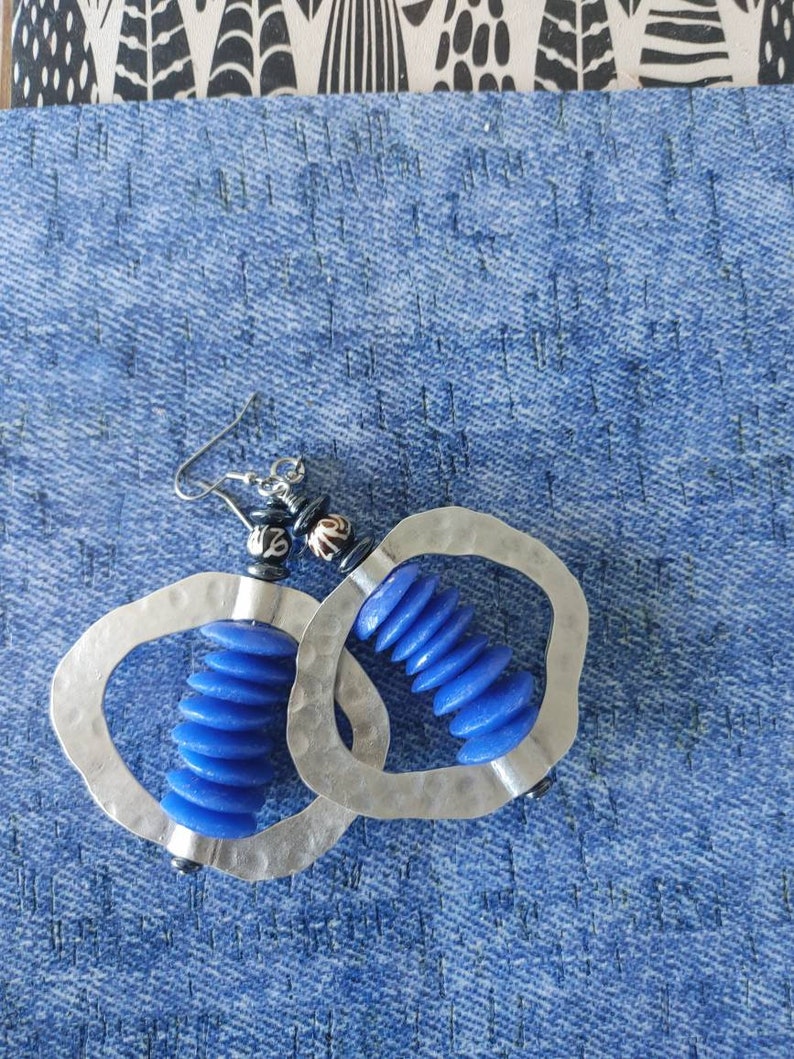 Royal Blue Ashanti Glass Earrings: Hammered Silver, African Statement ...