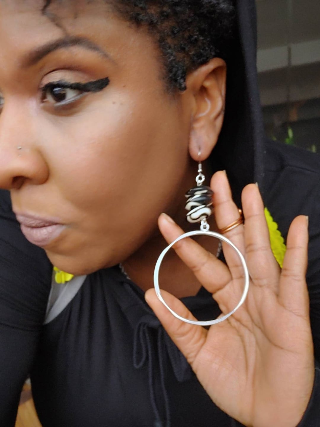 Hammered Silver Hoop Earrings: Batik Bone Bead Dangle, Afrocentric ...