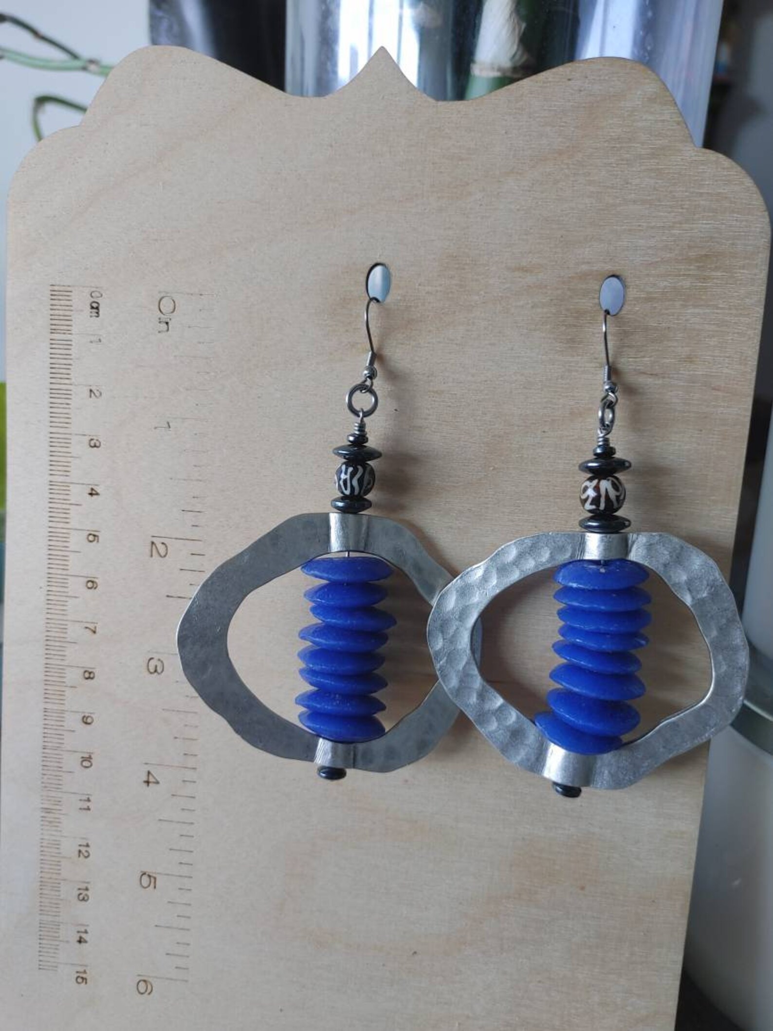 Royal Blue Ashanti Glass Earrings: Hammered Silver, African Statement ...