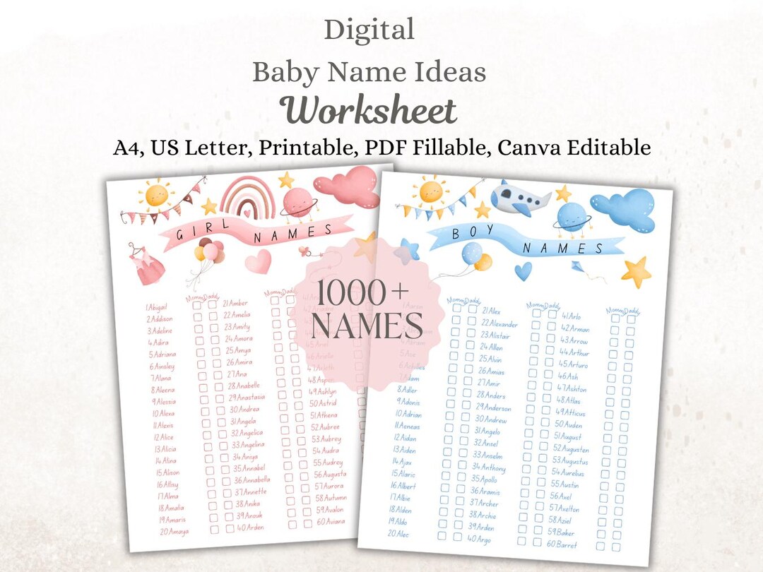 Baby Name Ideas Template for Pregnancy Digital Worksheet With Baby ...