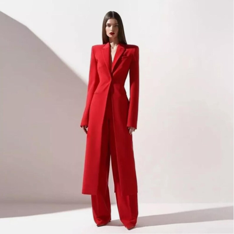 Elegent Red Women's Suit Long Coat Dress Pants 2 Pieces Formal Wedding ...