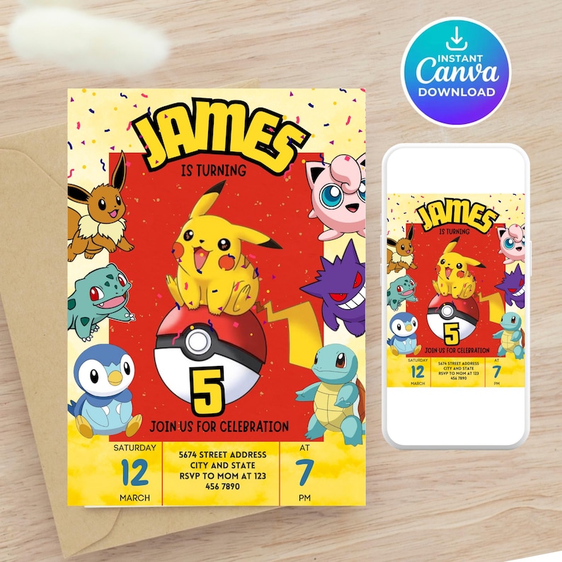 Pokemon Birthday Invitation, Pikachu Party (canva Template, Digital ...