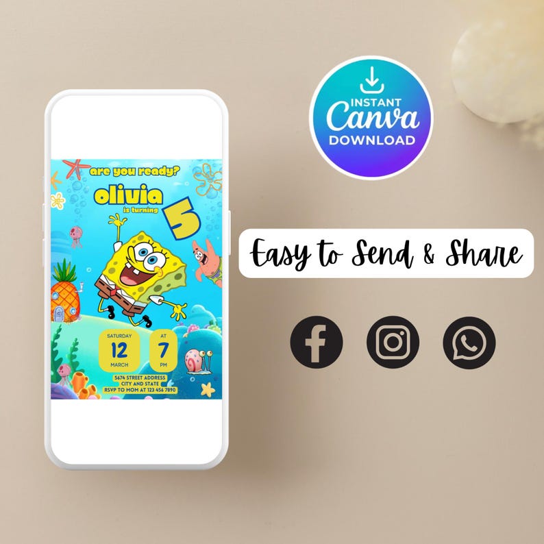 Spongebob Invite | Editable Invitation | Spongebob Party | Sponge Bob ...